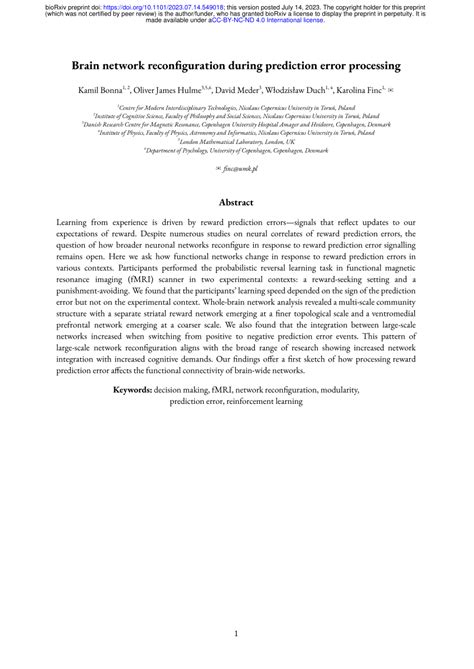 Pdf Brain Network Reconfiguration During Prediction Error Processing