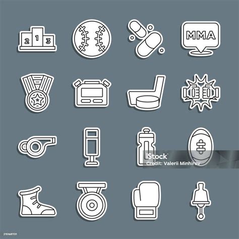 세트 라인 울리는 종 미식 축구 공 펀치 권투 글러브 비타민 알약 스톱워치 메달 스포츠 우승자 연단과 아이스 하키 스틱 및 퍽 아이콘에 대한 상 벡터 가죽에 대한 스톡 벡터