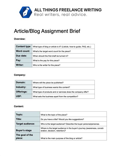 Blog Assignment Brief Template All Things Freelance Writing