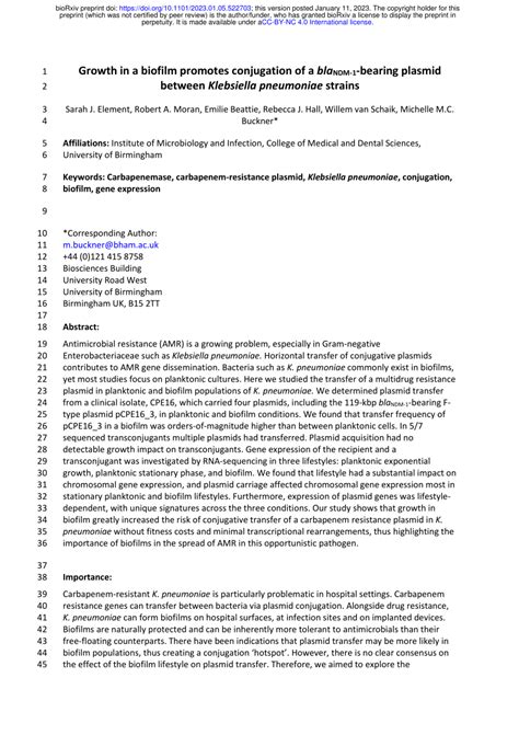 Pdf Growth In A Biofilm Promotes Conjugation Of A Blandm 1 Bearing Plasmid Between Klebsiella