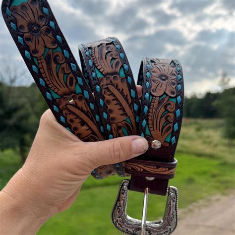 Genuine Leather Western Belt With Tooled And Buckstitch Details By