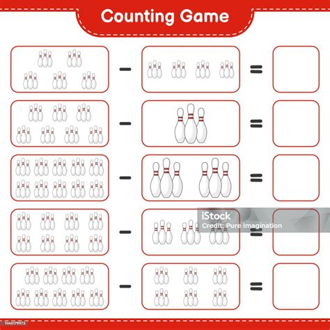 카운트와 매치 볼링 핀의 수를 계산하고 올바른 숫자와 일치시킵니다 교육 어린이 게임 인쇄 가능한 워크 시트 벡터 일러스트 레이 션 0명에 대한 스톡 벡터 아트 및 기타