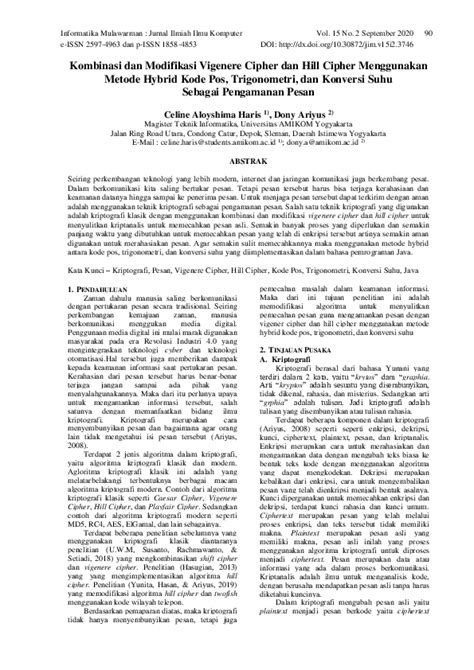 Pdf Kombinasi Dan Modifikasi Vigenere Cipher Dan Hill Cipher Menggunakan Metode Hybrid Kode