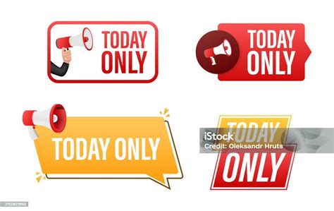 오늘은 확성기 라벨이 설정된 텍스트만 있습니다 확성기 손에 홍보 배너 마케팅 및 광고 1위에 대한 스톡 벡터 아트 및 기타