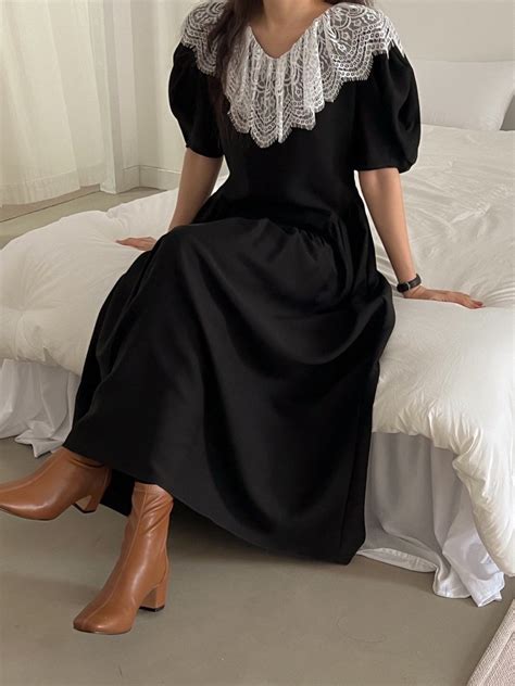 안젤라 롱ops 2color 레이스롱원피스 반팔롱원피스 퍼프 레이스