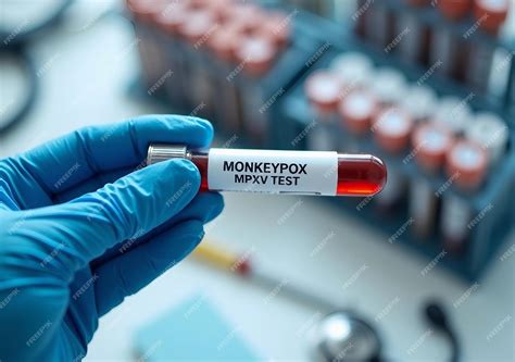 Gloved Hands Holding Blood Sample Labeled Monkeypox Mpxv Test In Lab