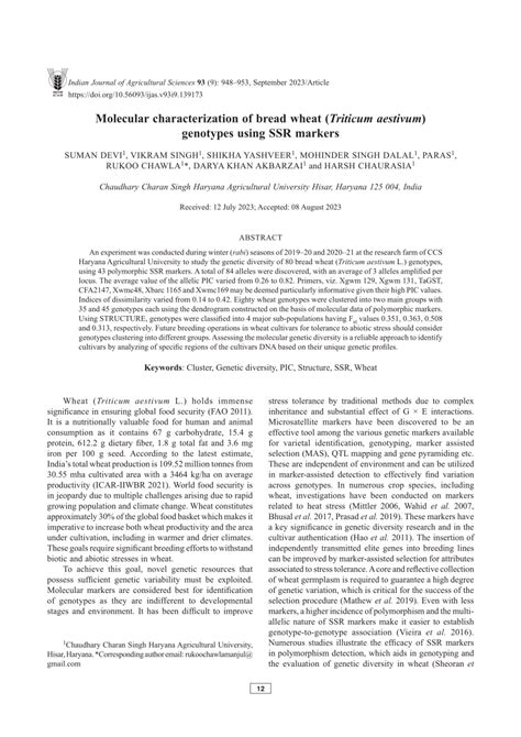 Pdf Molecular Characterization Of Bread Wheat Triticum Aestivum