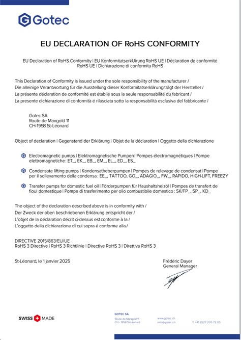 Declaration Of Conformity Eu Rohs3 2026 Gotec Sa