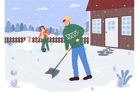 People Cleaning Snow Outside House Snow Cleaning Color Vector Flat Color