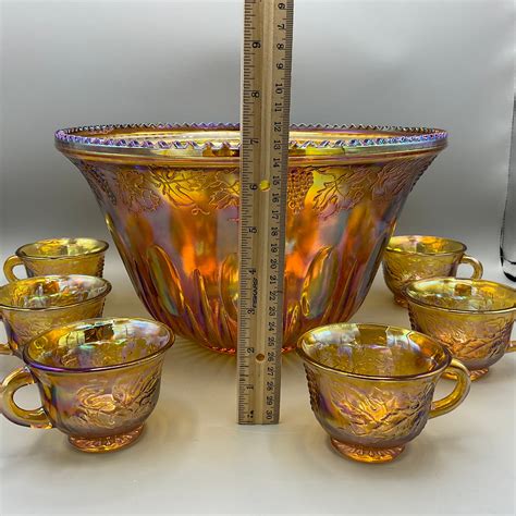 Marigold Carnival Glass Punch Bowl Set With 6 Cups Etsy