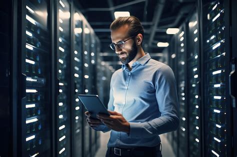 Premium Ai Image Data Center Engineer Young Man Holding Digital Tablet Standing By