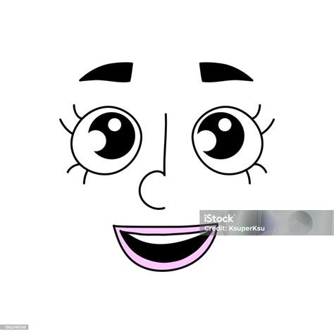 웃는 만화 이모티콘 낙서는 깜짝 놀랐고 흥분한 표정 행복한 미소 널리 만화 캐릭터 얼굴 클립 예술 흰색에 고립 긍정적 인 감정 느낌 기분 소셜 미디어 반응 스티커 감정에