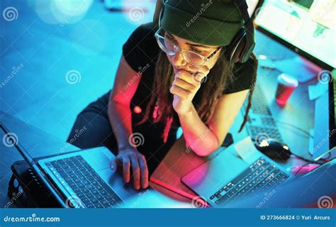 Laptop Woman And Hacker Thinking With Music And Programming For