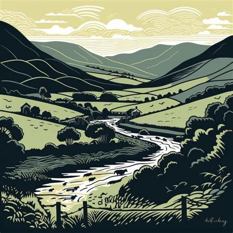 Minimalist Linocut Artwork Of A Lowland Landscape Form Stock