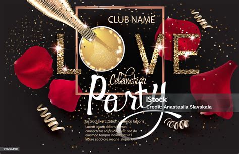 발렌타인 날 축 하 초대 카드 골드 뱀 편지 장미 꽃잎 및 샴페인 유리 병 벡터 일러스트 레이 션 2월에 대한 스톡 벡터 아트 및 기타 이미지 Istock