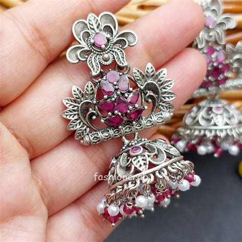 White Pink Pearl German Silver Oxidised Earrings