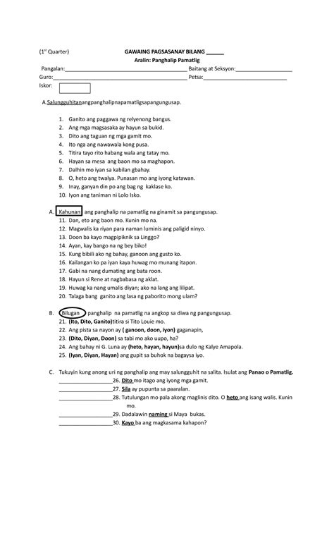 Panghalip Na Pamatlig Grade 2 Worksheet Quarter