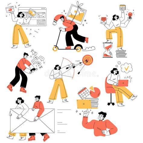 Productivity With Man And Woman Managing Tasks Vector Set Stock Vector Illustration Of Young