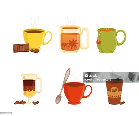 향신료와 초콜릿 바 벡터 세트와 머그잔과 컵에 향기로운 차와 커피 음료를 양조 갈색에 대한 스톡 벡터 아트 및 기타 이미지
