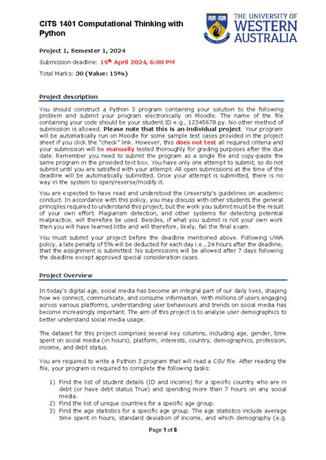 Cits1401 Project 1 S1 2024 Final Python Project 1 Semester 1 2024 Submission Deadline 19 Th