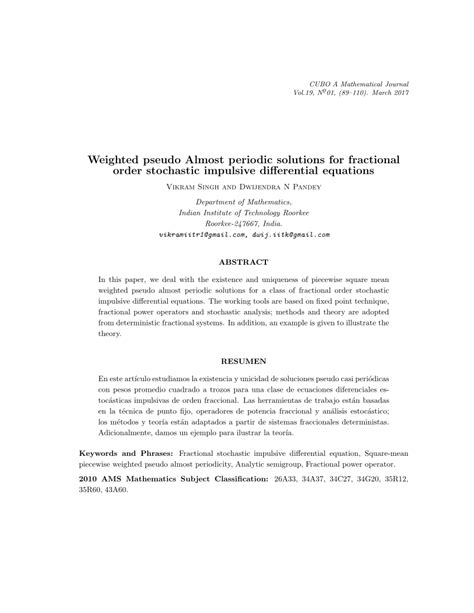Pdf Weighted Pseudo Almost Periodic Solutions For Fractional Order Stochastic Impulsive