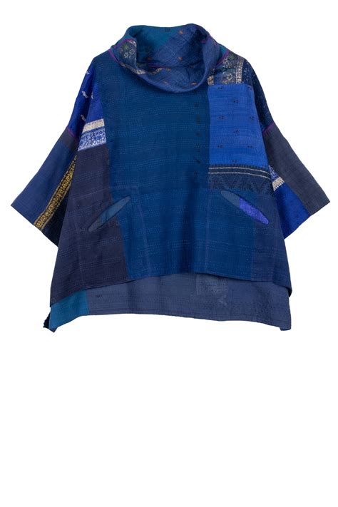Cotton Silk Sw Patch Kantha Cowl Neck Poncho Ws2061 Blu Mieko
