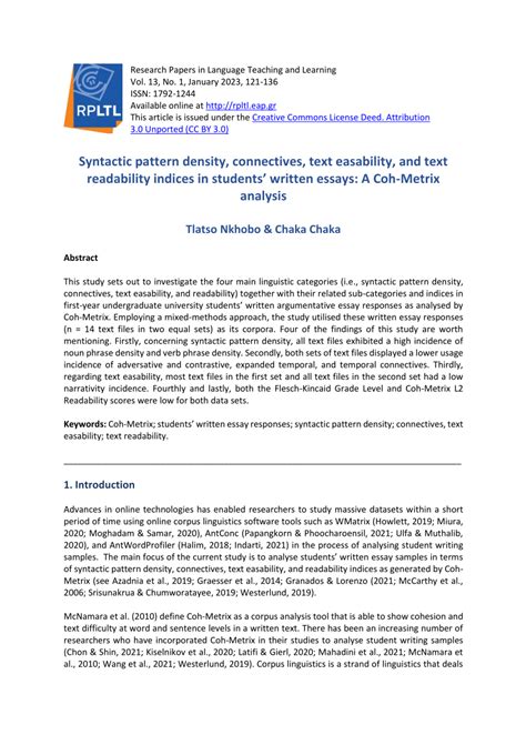 Pdf Syntactic Pattern Density Connectives Text Easability And Text Readability Indices In