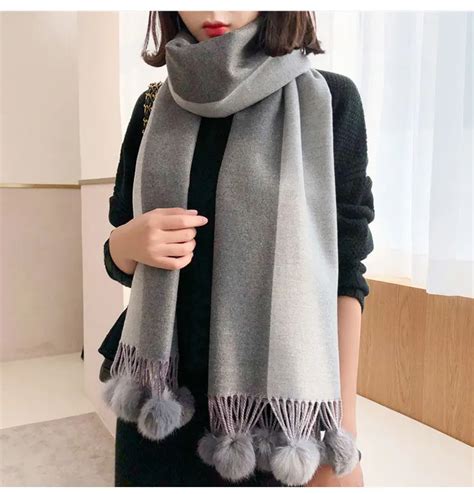 Теплый зимний толстый шарф для женщин с помпонами кроличьими помпонами шерсть кашемир