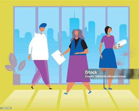 장애인을 사무실 노동자로 보철하는 장애인과 함께 하는 평면 벡터 스톡 일러스트레이션으로 창가 로비에 있는 사무실 사람들 개념에 대한 스톡 벡터 아트 및 기타 이미지 Istock