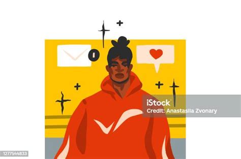 손으로 그린 벡터 추상 주식 그래픽 일러스트와 젊은 행복 한 아프리카 계 미국인 남자 Portrat 패션 의상 및 소셜 미디어 통신 Specch 거품 채팅 흰색 배경에 고립