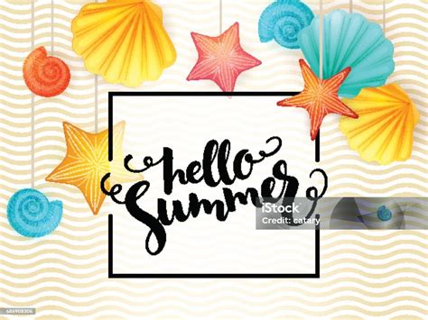 벡터 손 레터링 여름 문구안녕하세요 여름매달려 조개와 파도 배경에 프레임에 둘러싸여 갑각류에 대한 스톡 벡터 아트 및 기타 이미지 갑각류 관광 리조트 굴 Istock