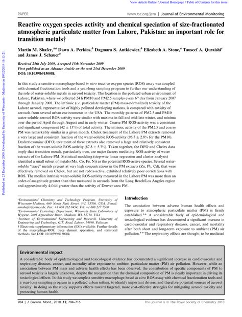 Pdf Reactive Oxygen Species Activity And Chemical Speciation Of Size Fractionated Atmospheric