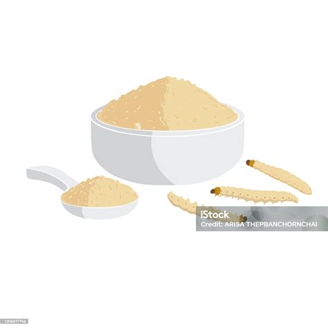 대나무 벌레 또는 대나무 애벌레 분말 그릇과 숟가락에 조리 된 곤충 고기로 만든 음식 식용으로 곤충 그것은 미래의 음식과