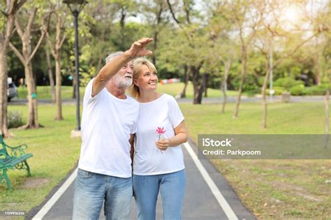 남편이 뭔가를 가리키는 동안 흰색 셔츠와 파란색 청바지 포옹과 공원에서 산책 노인 부부 가족에 대한 스톡 사진 및 기타 이미지 가족 건강관리와 의술 꽃 식물 Istock