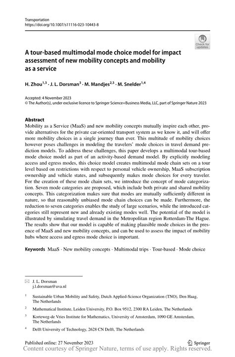 A Tour Based Multimodal Mode Choice Model For Impact Assessment Of New Mobility Concepts And