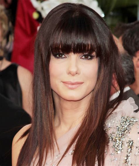 Sandra Bullock Long Straight Burgundy Brunette Hairstyle With Blunt Cut Bangs