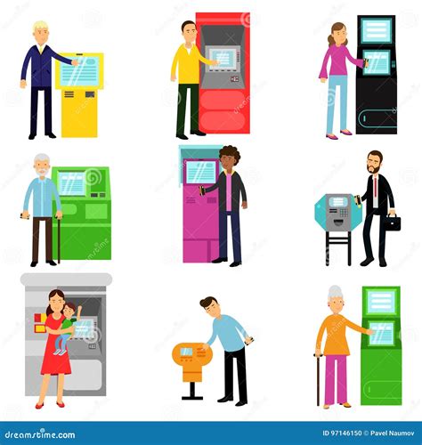 People Using ATM Terminal Set Man And Woman Doing ATM Machine Money Deposit Or Withdrawal