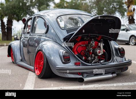 Rear View Classic Volkswagen Type 1 Nicknamed Beetle With The Hood Open The Engine Is An Air