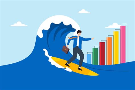 서핑 시장 동향 경제 변화에 대한 적응 전략적 민첩성 데이터 기반 의사 결정 개념 벡터 일러스트레이션 비즈니스 분석가는 금융 차트의 파도를 타고 만들기에 대한 스톡 벡터