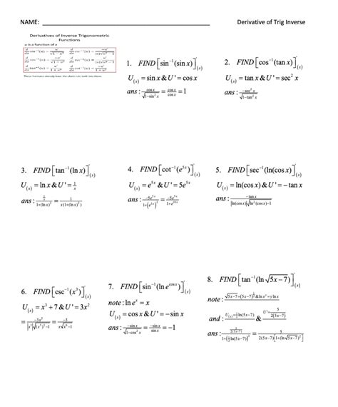 Solved NAME Derivative Of Trig Inverse Derivatives Of Chegg