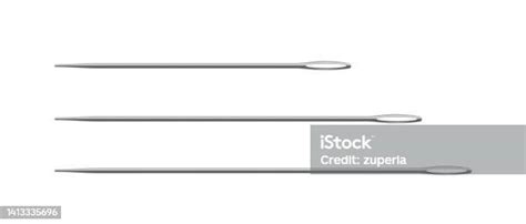 바느질 바늘 세트 실용 아일렛이있는 길이가 다른 현실적인 금속 또는 은색 바늘 3차원 형태에 대한 스톡 벡터 아트 및 기타