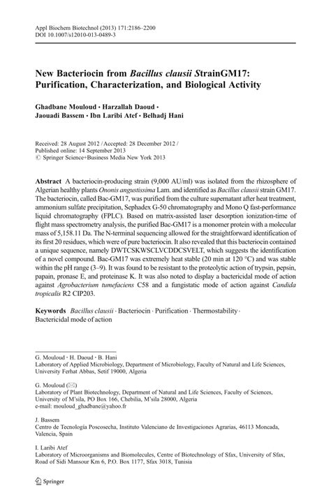 Pdf New Bacteriocin From Bacillus Clausii Straingm17 Purification Characterization And