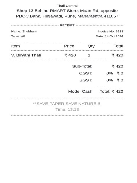 Restaurant Bill Template 2 Pdf