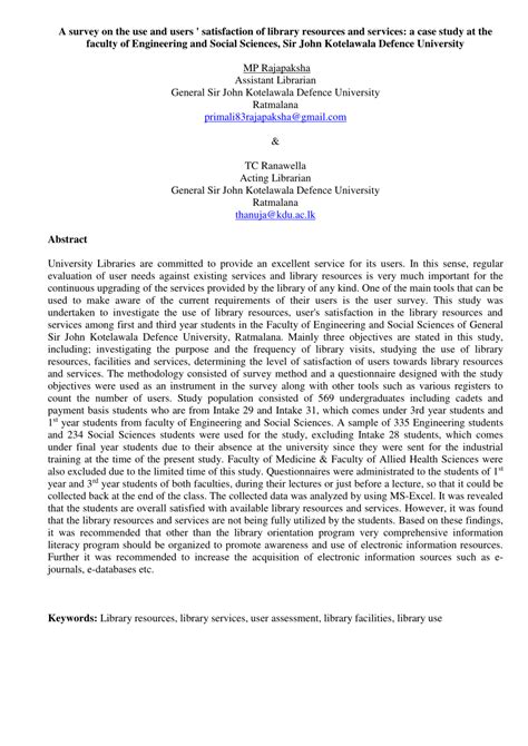 Pdf A Survey On The Use And Users Satisfaction Of Library Resources And Services A Case