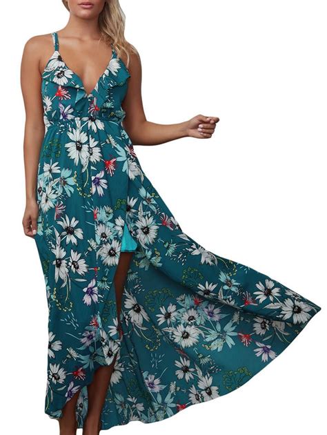 19 Off Floral Backless Chiffon Maxi Split Slip Beach Dress Rosegal