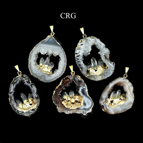 Oco Geode Slice Pendant With 3 Quartz Points And Gold Plating 4 Piece