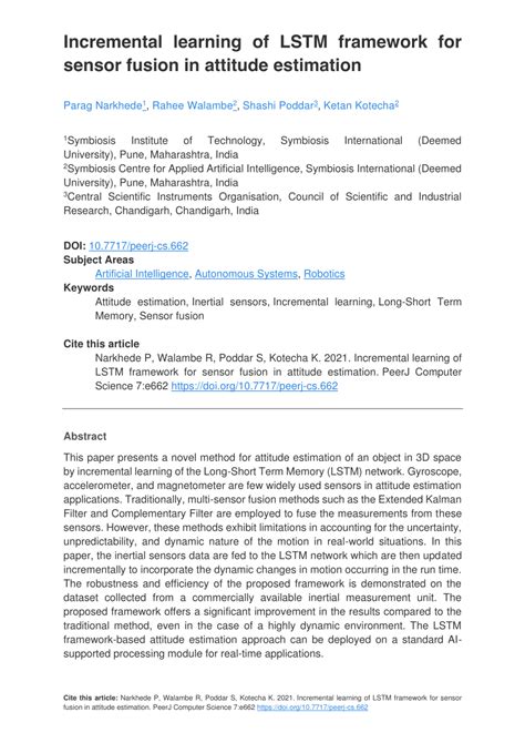Pdf Incremental Learning Of Lstm Framework For Sensor Fusion In