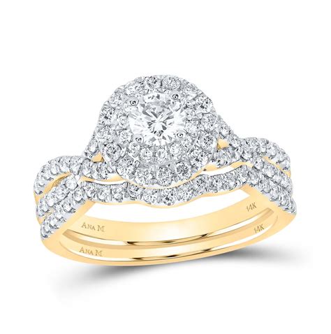 14k Yellow Gold Round Dia Halo Bridal Wedding Band Set 1ctw Womens