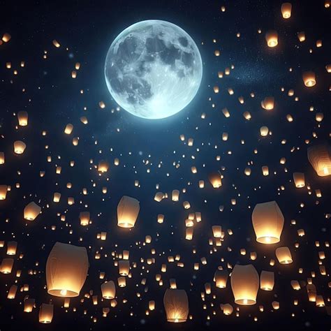 Premium Photo Floating Lanterns Fill The Sky On The Full Moon Night