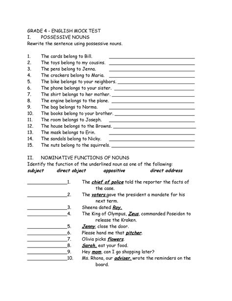 Grade 4 English Mock Test Grade 4 English Mock Test I Possessive Nouns Rewrite The